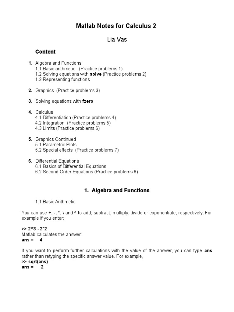 Matlab Notes For Calculus 2: Lia Vas | PDF | Ordinary Differential ...
