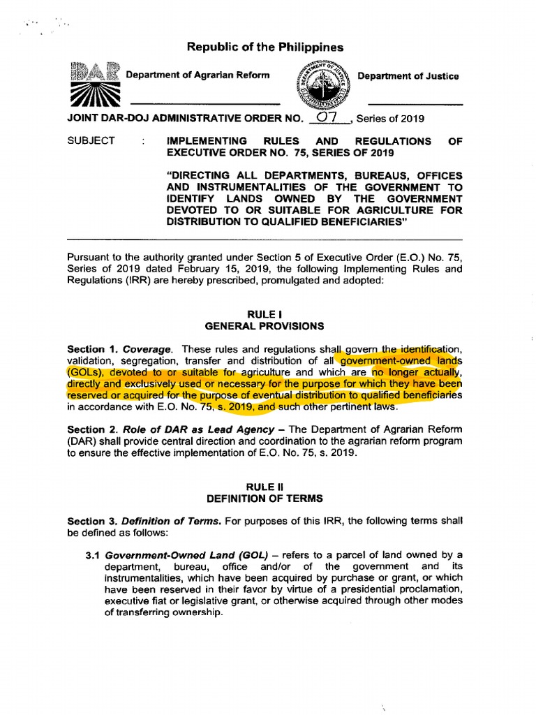 Ao 07 Implementing Rules and Regulations of Executive Order No 75 | PDF