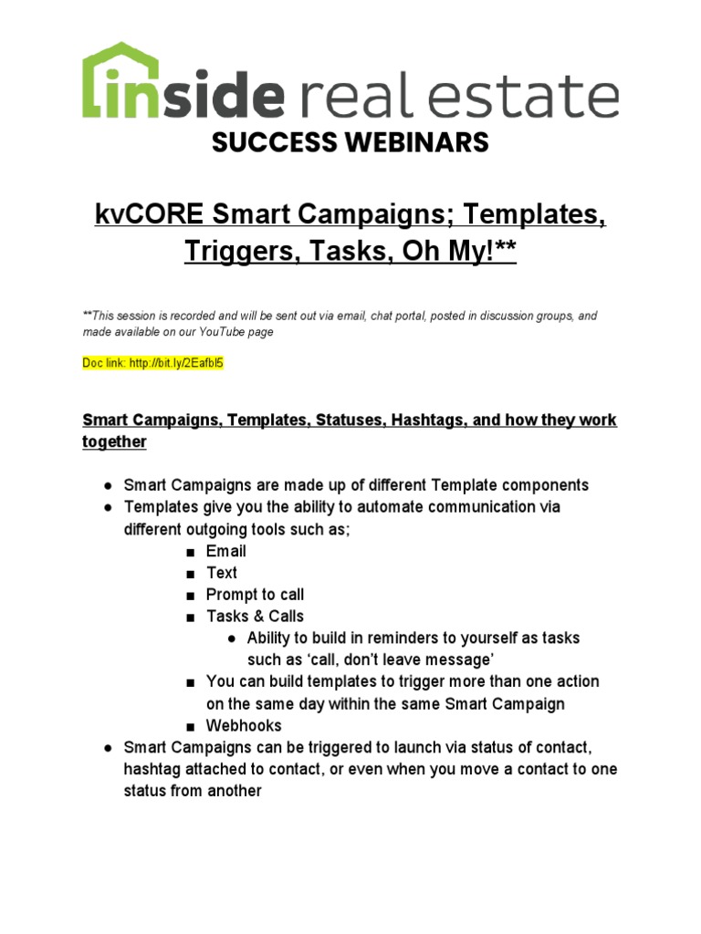 kvCORE Smart Campaigns Templates, Triggers, Tasks, Oh My! | PDF | Web ...