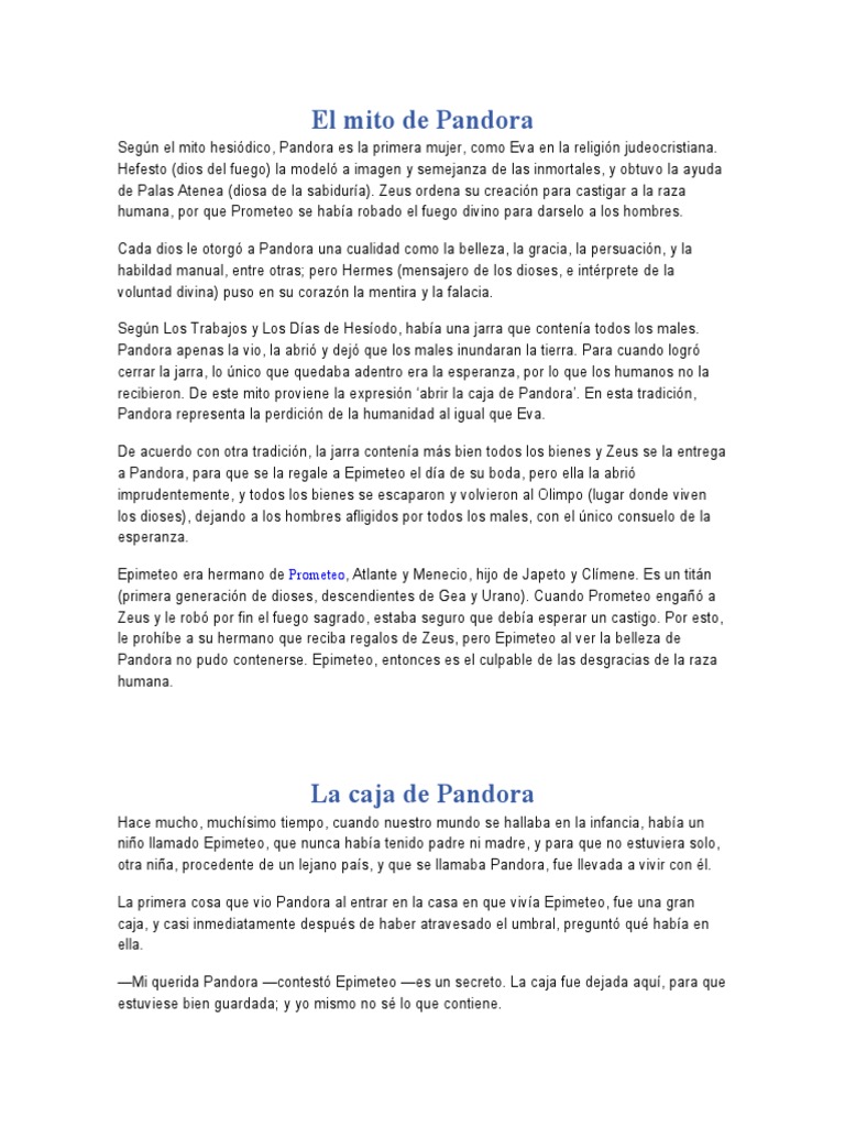 El mito de Pandora y su caja | PDF | Prometeo | Mitología