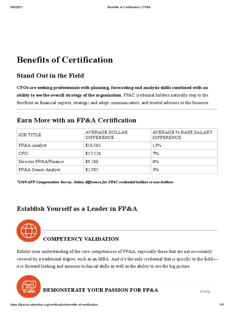 Benefits of Certification - FP&A | PDF | Credential | Chief Financial ...
