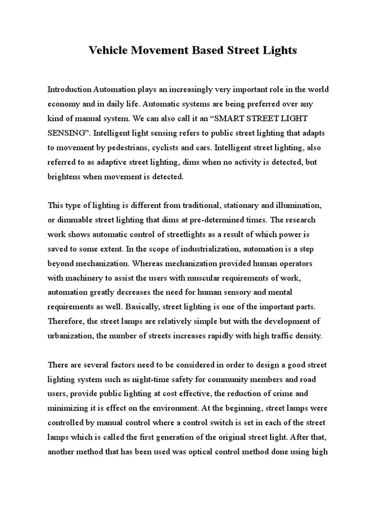 Vehicle Movement Based Street Lights | PDF | Street Light | Lighting