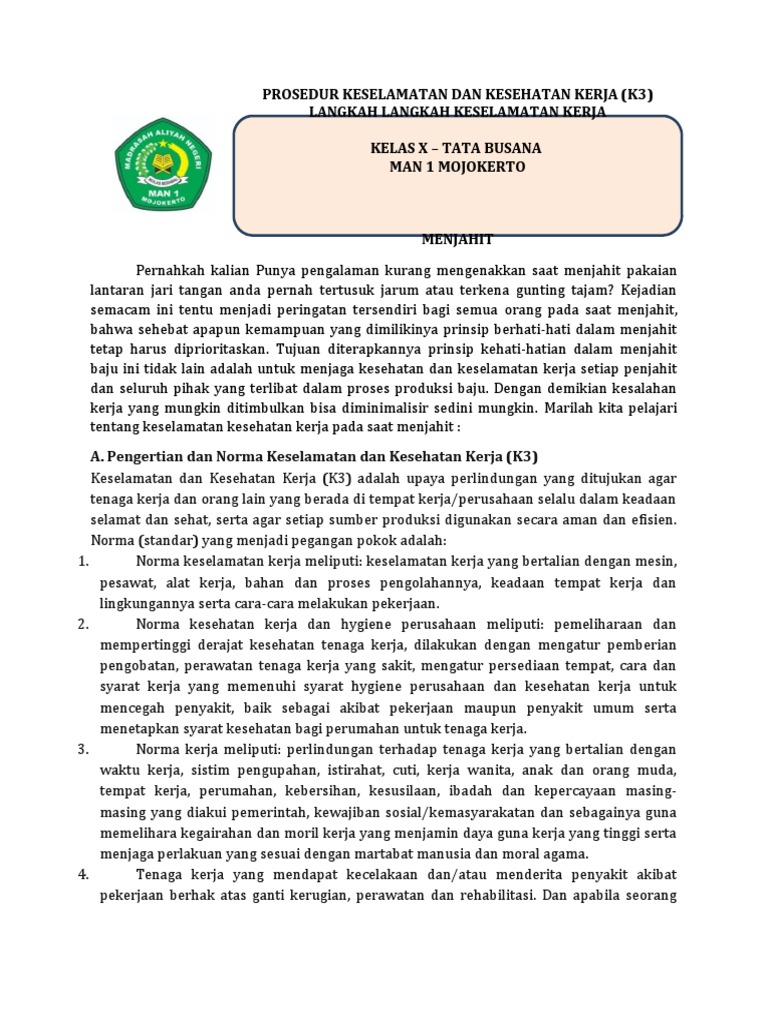 Handout K3 Menjahit | PDF