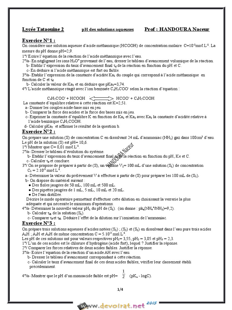 Série D'exercices - Chimie PH Des Solutions Aqueuses | PDF | Ph ...