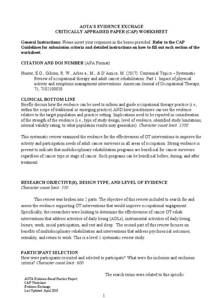 Character Count Limit: 350: AOTA Evidence-Based Practice Project CAP ...
