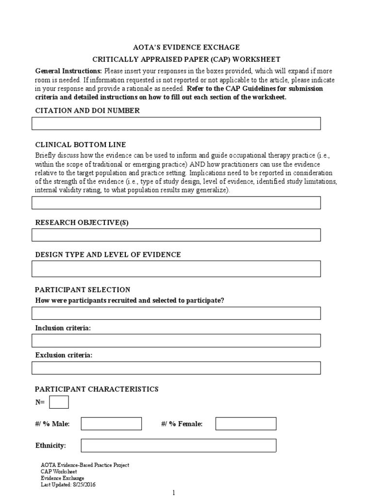 AOTA Evidence-Based Practice Project CAP Worksheet Evidence Exchange ...