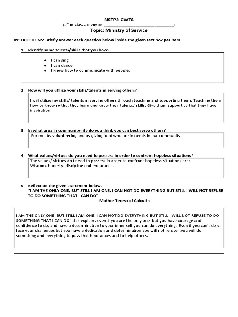 Nstp2-Cwts Topic: Ministry of Service: (2 In-Class Activity On - ) | PDF