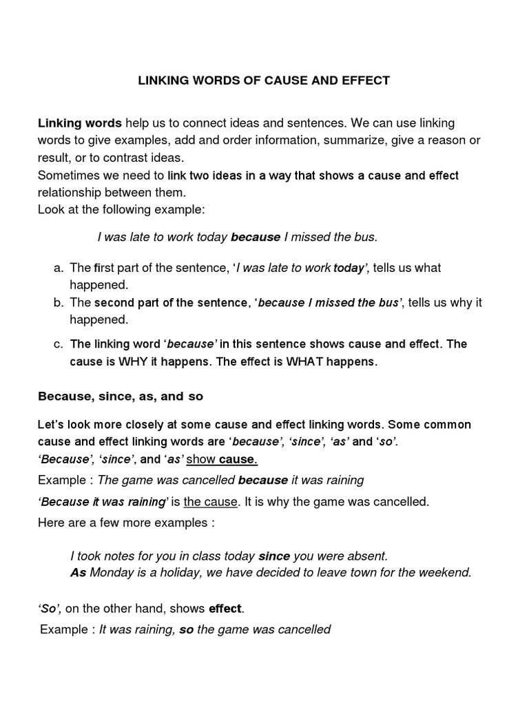 Linking Words of Cause and Effect | PDF | Adjective | Causality