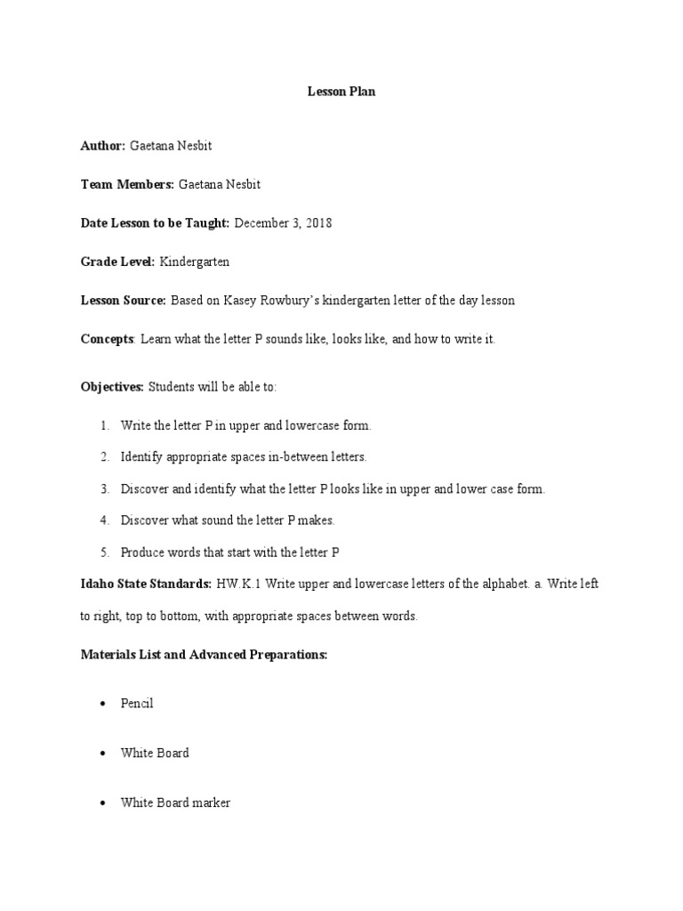 Kindergarten Letter P Lesson Plan | PDF | Lesson Plan | Human Nature