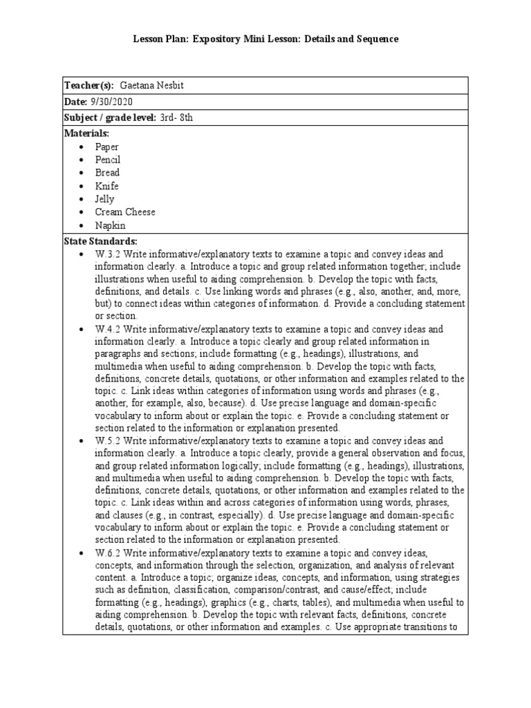 Lesson Plan: Expository Mini Lesson: Details and Sequence | PDF