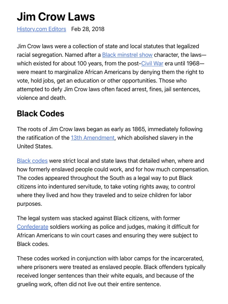 Jim Crow Laws: Black Codes | PDF | Jim Crow Laws | Racial Segregation