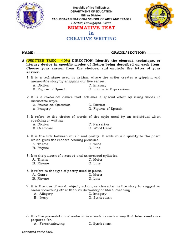 In Creative Writing: Summative Test | PDF | Poetry | Writing