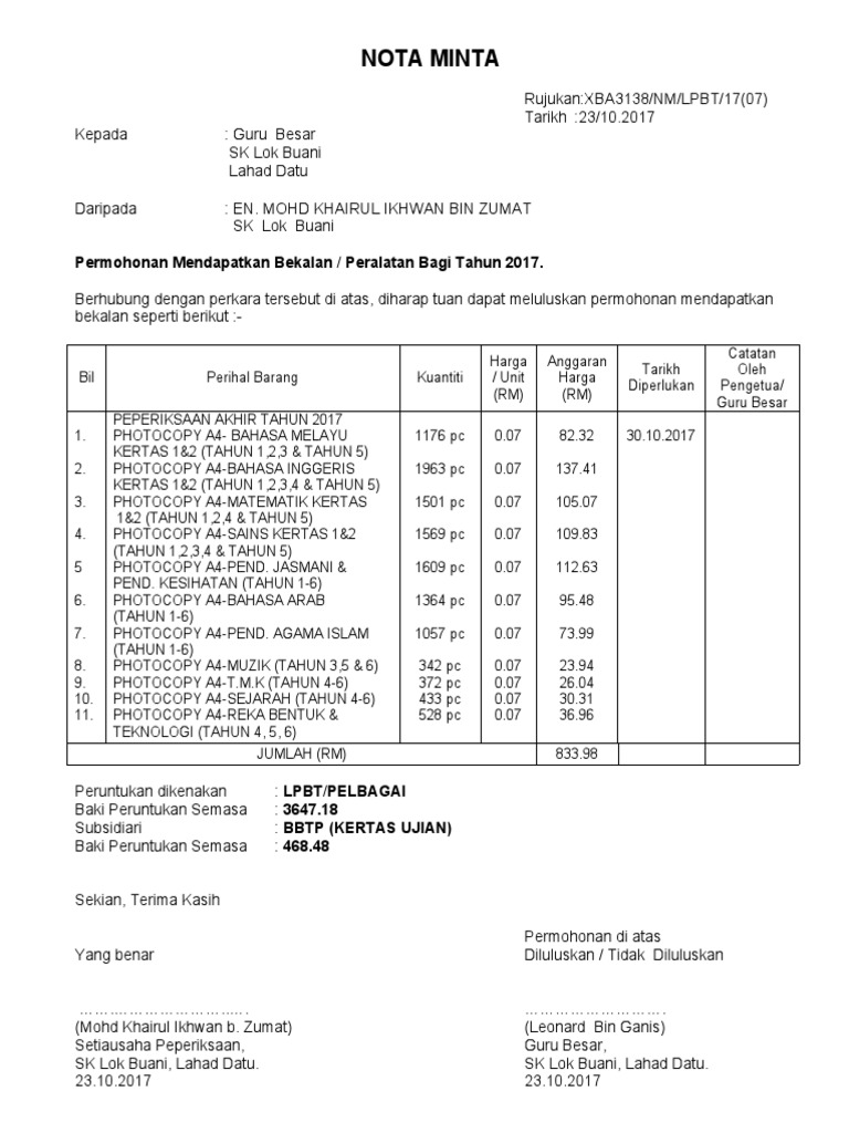 Nota Minta - LPBT | PDF