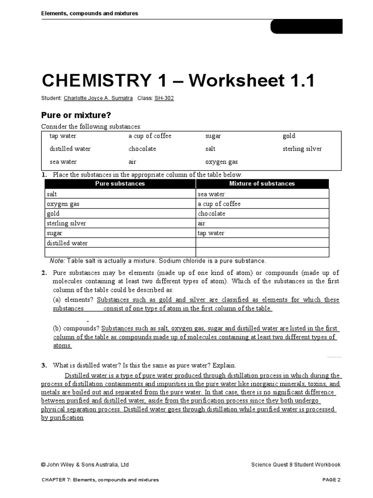 CHEMISTRY 1 - Worksheet 1.1: Pure or Mixture? | PDF | Chemical ...