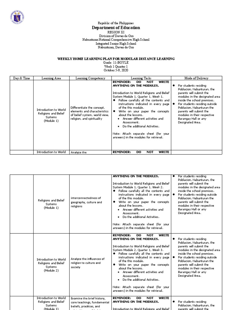 Department of Education: Weekly Home Learning Plan For Modular Distance ...