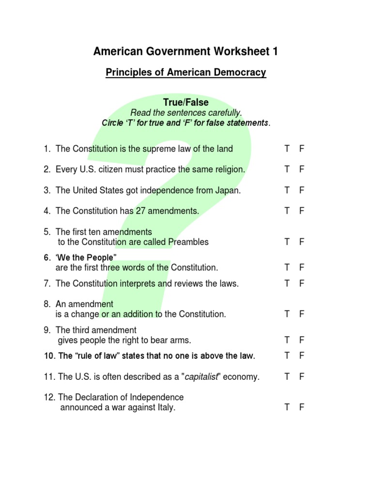 American Government Worksheet 1: Principles of American Democracy | PDF ...