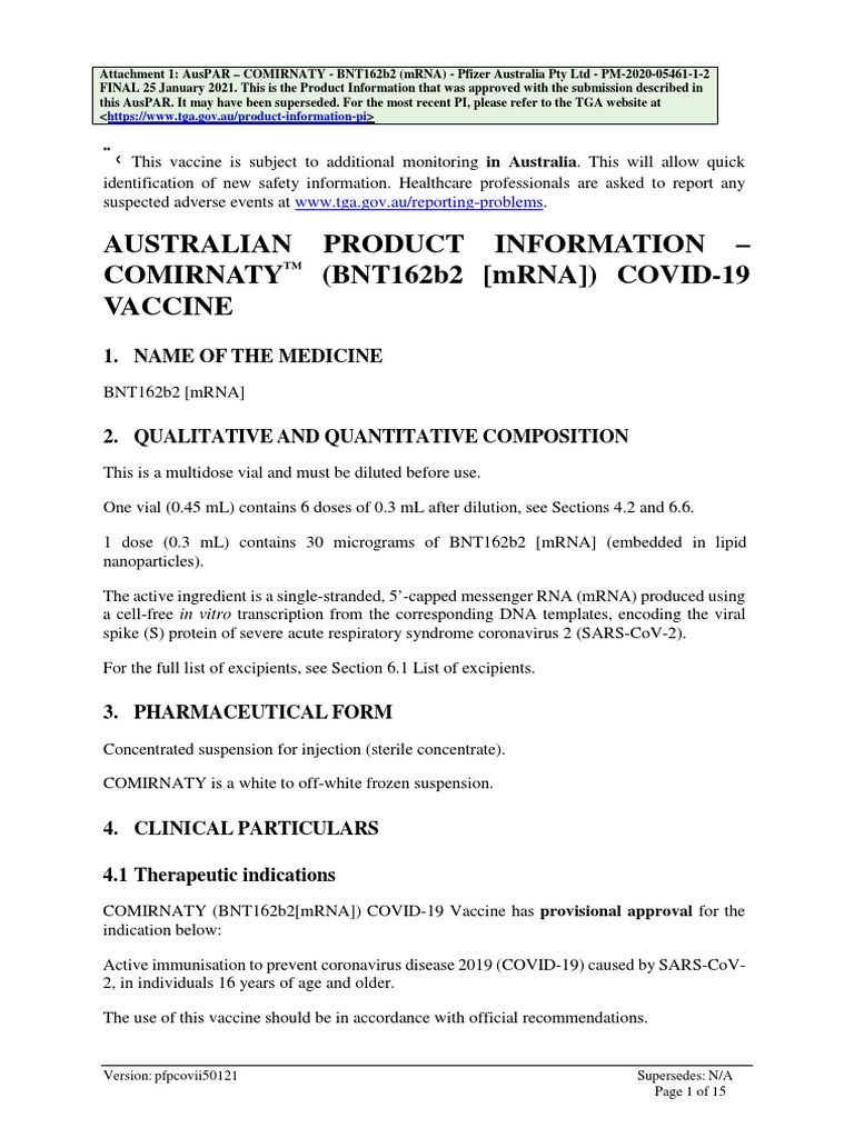Australian Product Information - Comirnaty (BNT162b2 (mRNA) ) COVID-19 ...