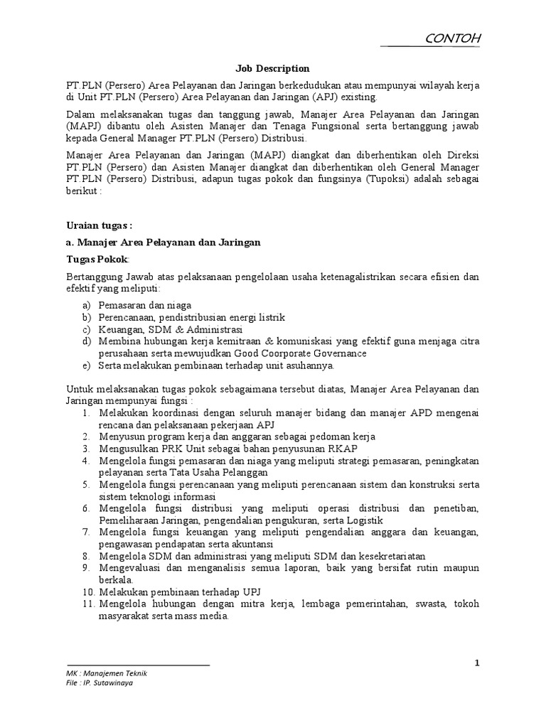 Contoh Jobdes Pada PLN | PDF