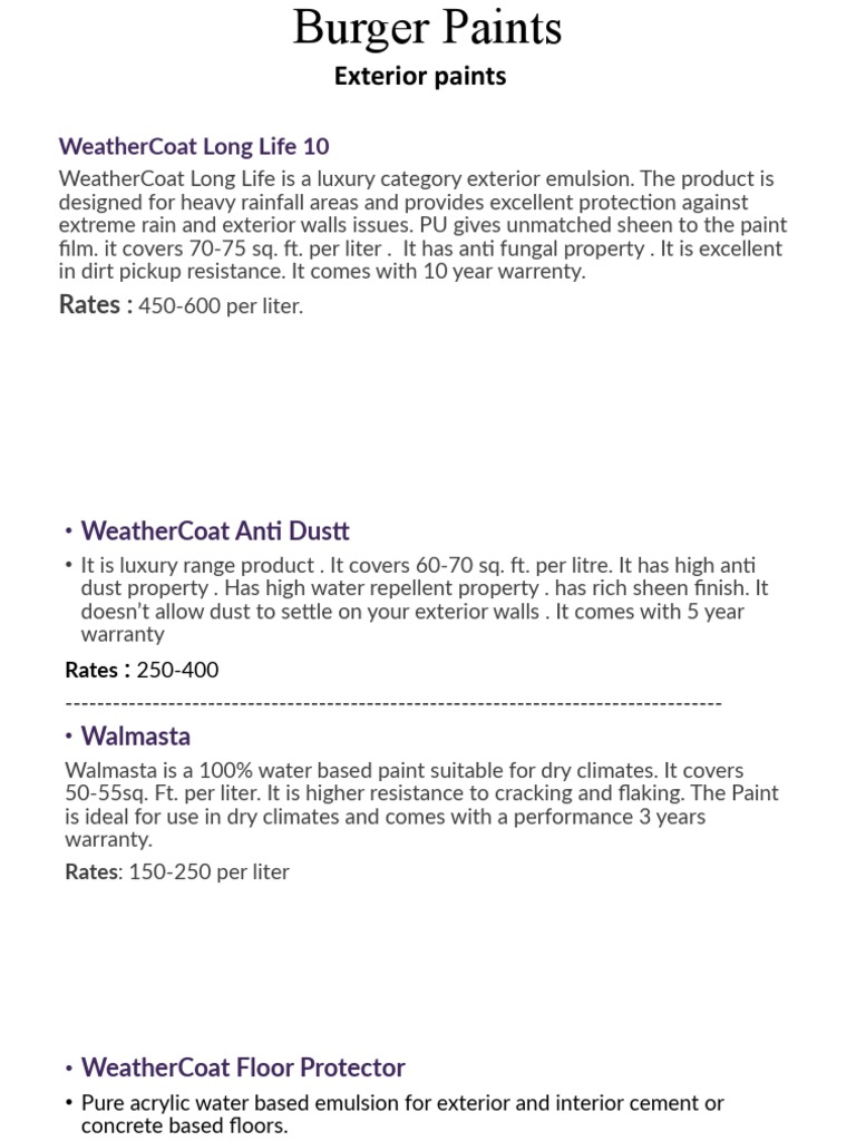Exterior Paints: Weathercoat Long Life 10 | PDF | Acrylic Paint | Paint