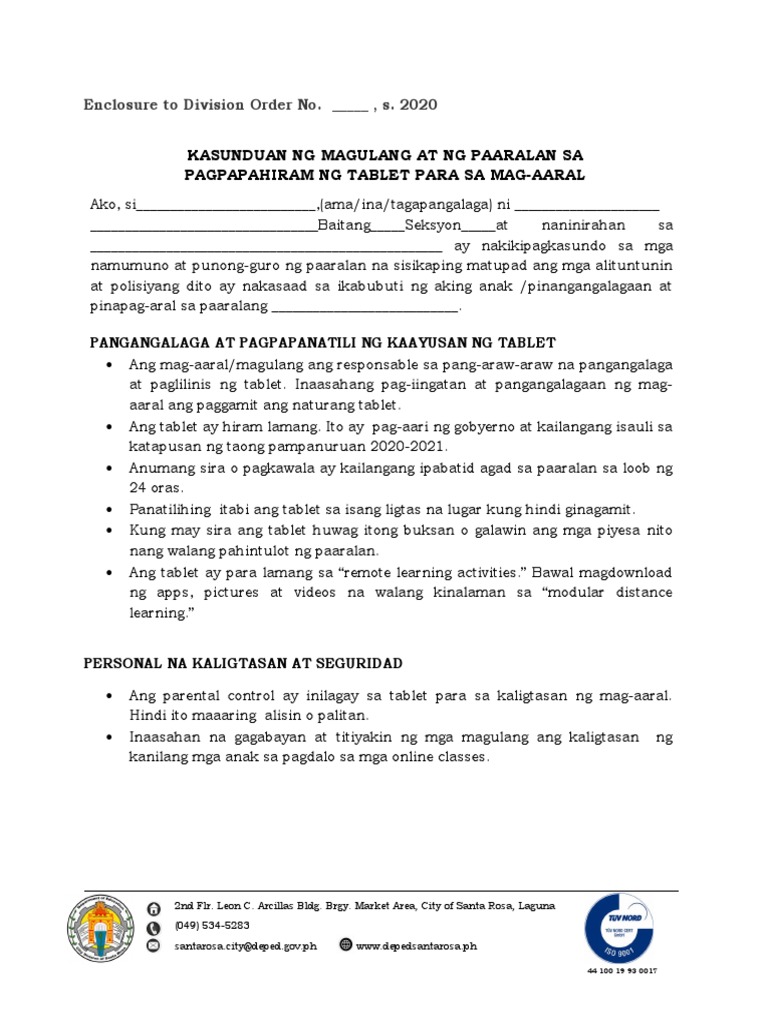 Kasunduan NG Magulang at Paaralan | PDF