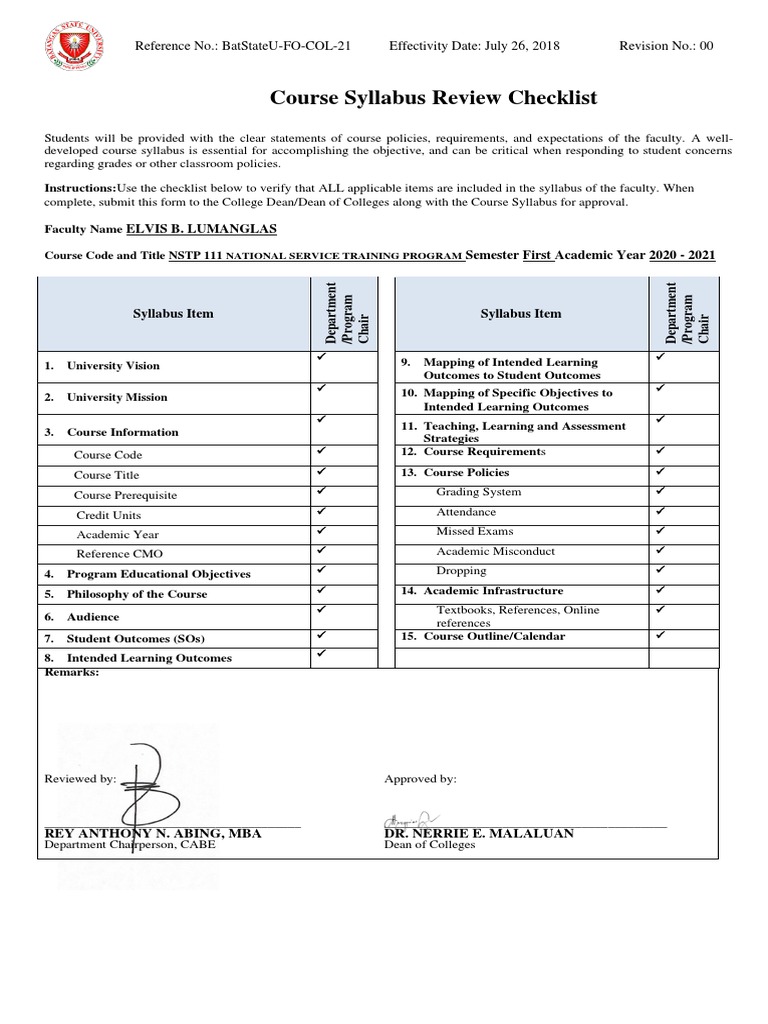 BatStateU FO COL 21 Course Syllabus Review Checklist MGT 101 NSTP 111 ...