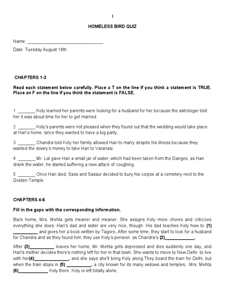 Homeless Bird Quiz: Chapters 1-11 | PDF | Religion & Spirituality | Poetry