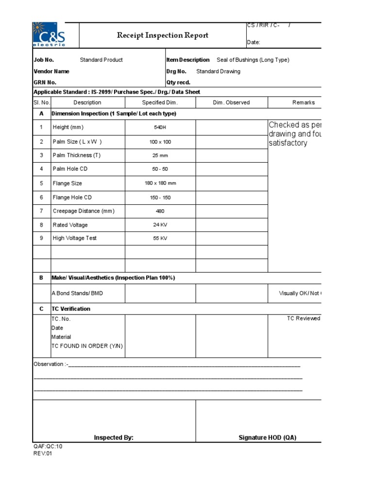 Receipt Inspection Report: Checked As Per Drawing and Found ...