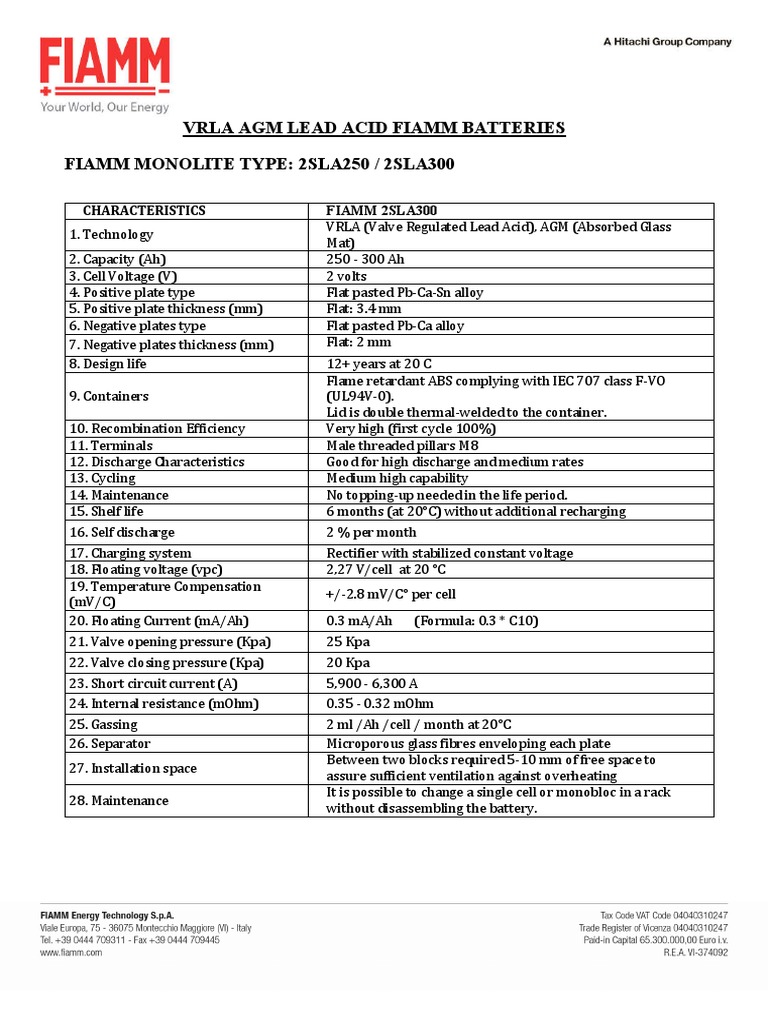 Vrla Agm Lead Acid Fiamm Batteries Fiamm Monolite Type: 2sla250 ...