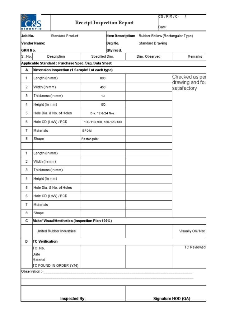 Receipt Inspection Report: Checked As Per Drawing and Found ...