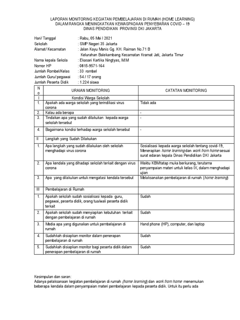 Laporan Home Learning COVID-19 SMPN 35 | PDF