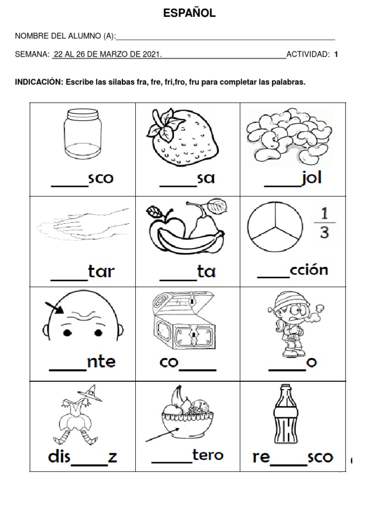 Actividades con sílabas fra, fre, fri, fro, fru | PDF