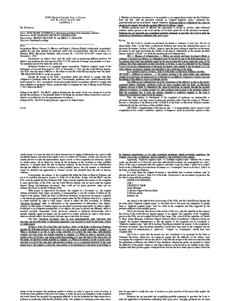 RCBC Bankard Services Corp. v. Oracion Jr. | PDF | Affidavit | Complaint