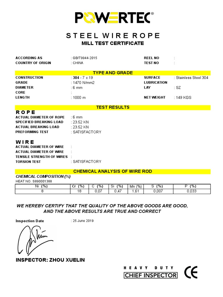 POWERTEC STEEL WIRE ROPE 7 X 19 SS 304 CERTIFICATE 7x19 SS 304 - 6mm | PDF