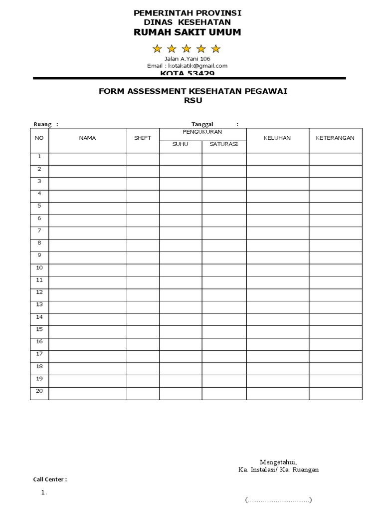 Form Skrining Kesehatan Pegawai Rumah Sakit | PDF