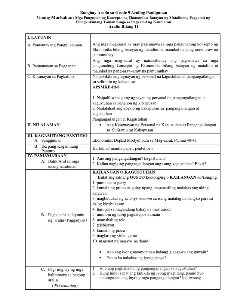 UNANG MARKAHAN - Aralin 11 | PDF