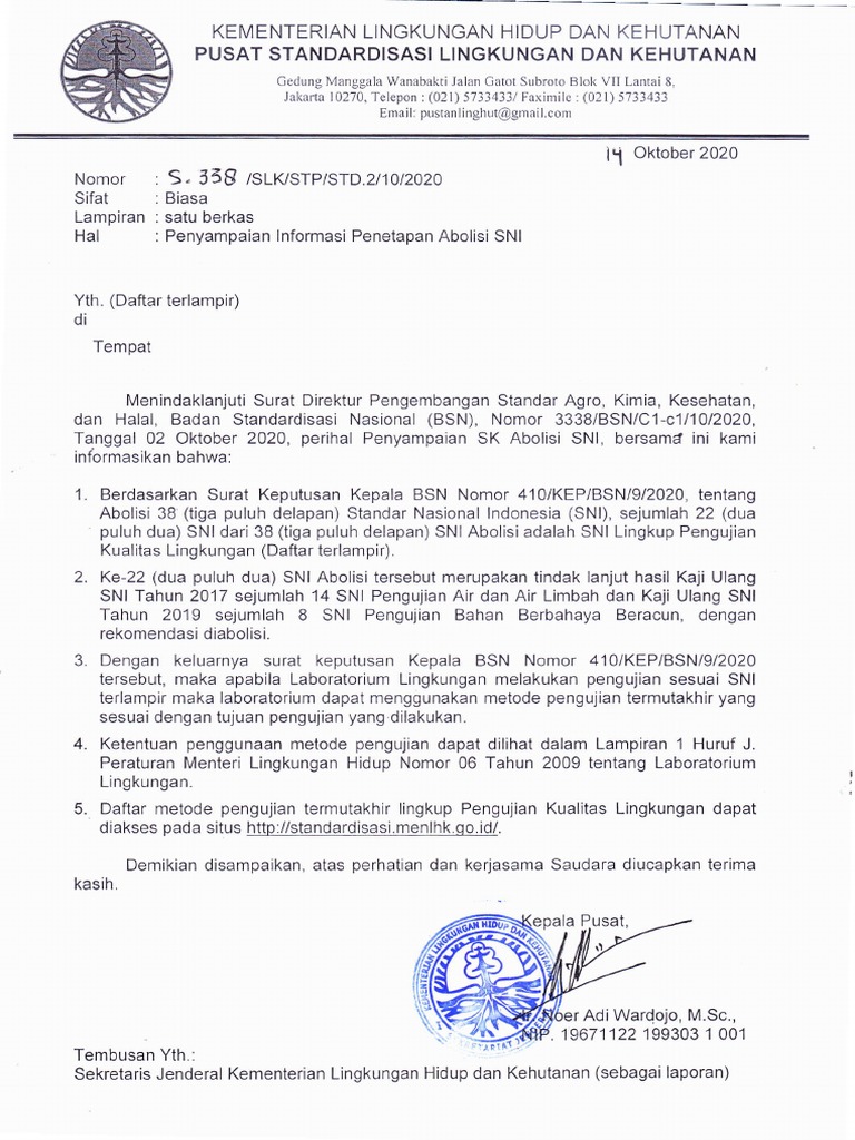 Surat Penyampaian Informasi Penetapan Abolisi SNI | PDF | Sains ...
