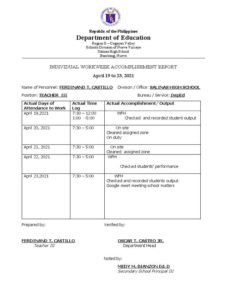 Department of Education: Individual Workweek Accomplishment Report | PDF