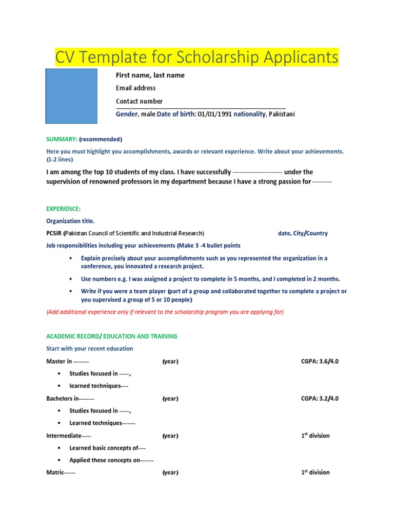 CV Template For Scholarship Applicant | PDF | Bachelor Of Science | Science