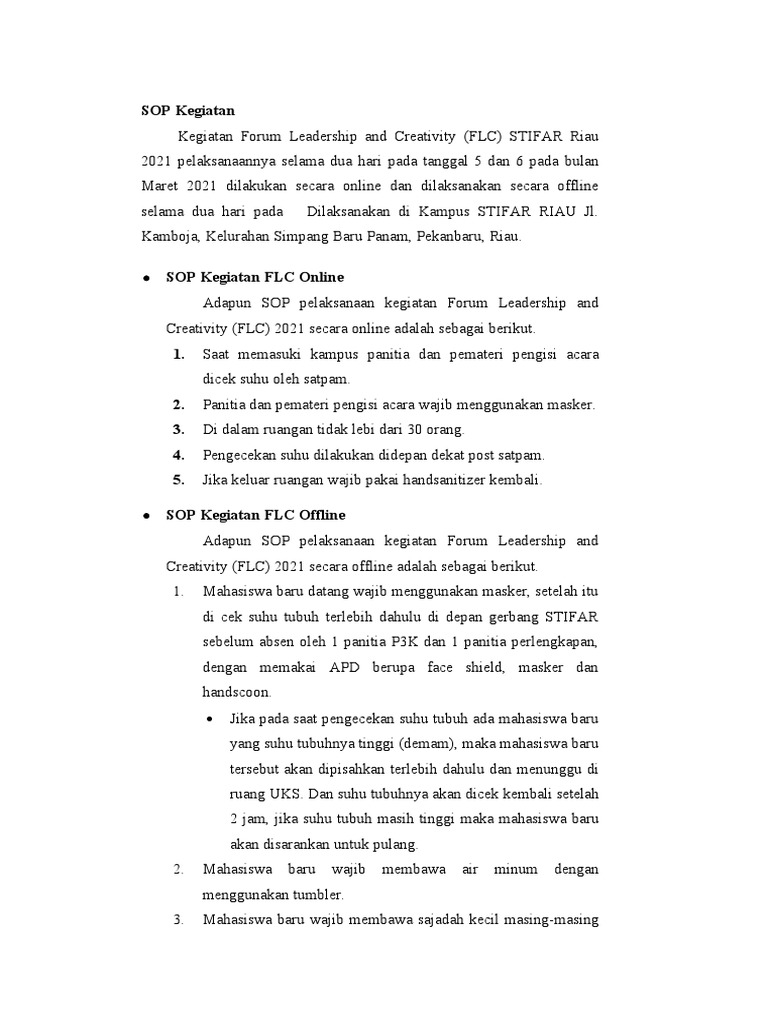 SOP Kegiatan FLC STIFAR Riau 2021 | PDF
