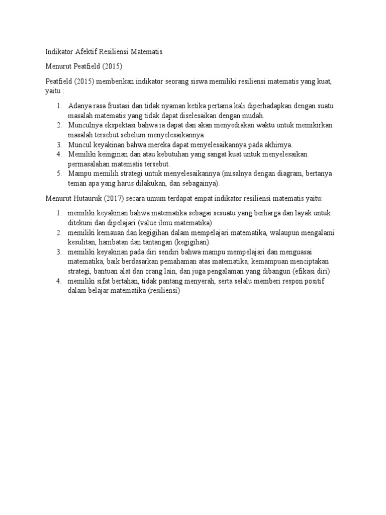 Indikator Afektif Resiliensi Matematis Terakhir (Ditya) | PDF | Pengembangan Diri