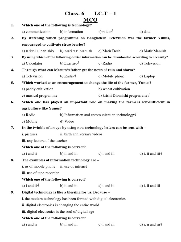 Class 6 ICT Chapter 1 MCQ Guide | PDF | Computer Network | Information Age