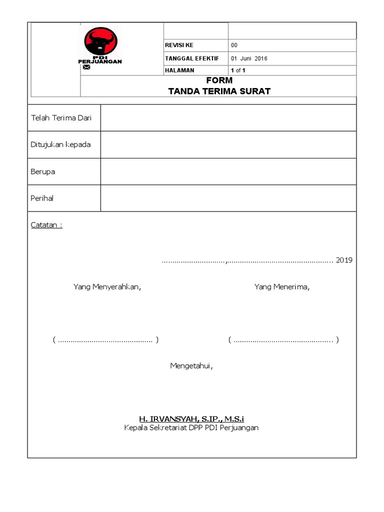 Form Tanda Terima Surat Sekretariat DPP | PDF