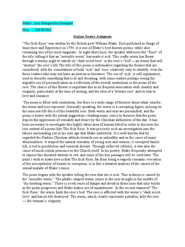 Sick Rose Poem | PDF | William Blake | Poetry