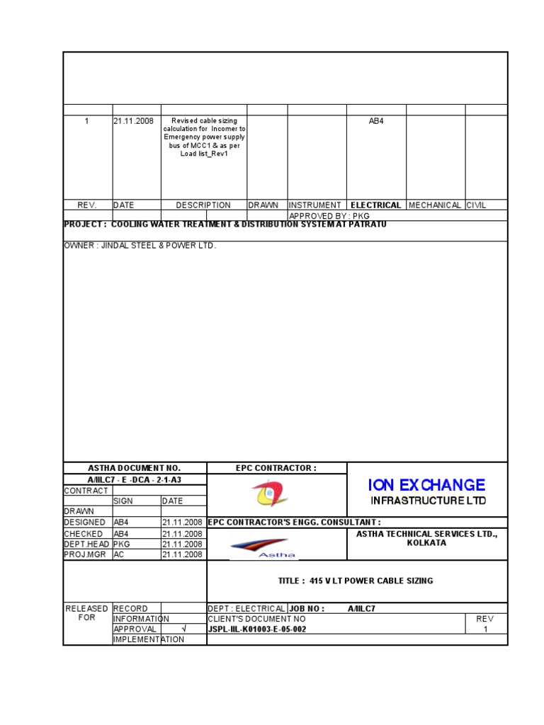 Cable Sizing CALCULATION | PDF | Electrical Resistance And Conductance ...