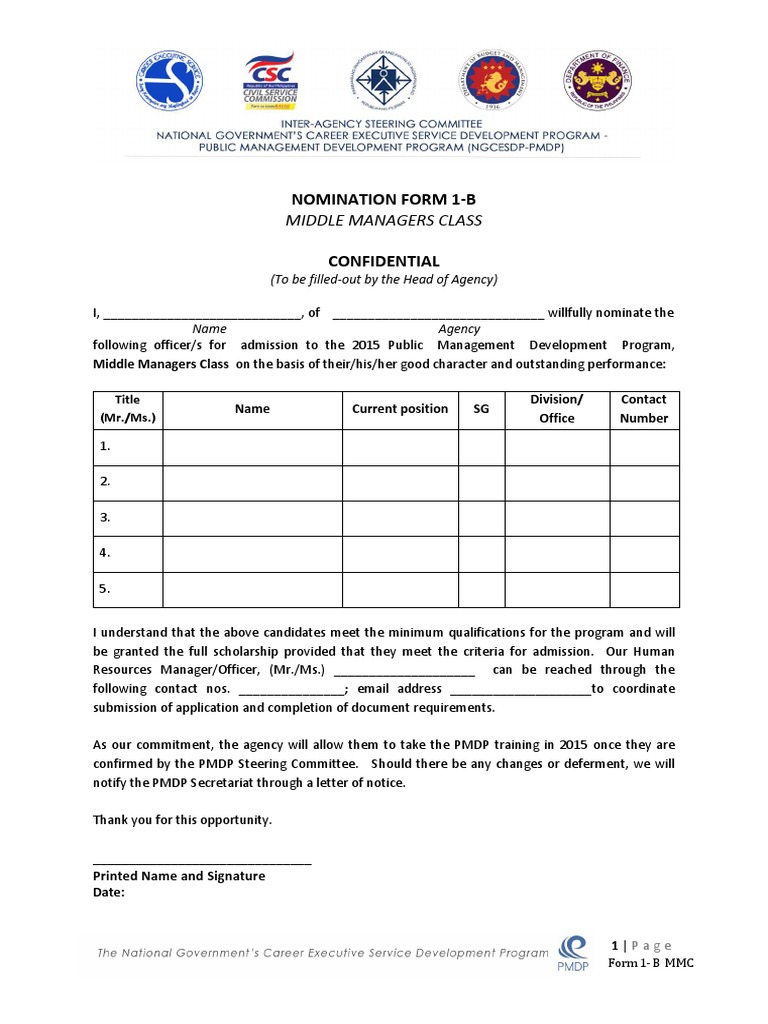 Nomination Form 1-B: Middle Managers Class | PDF