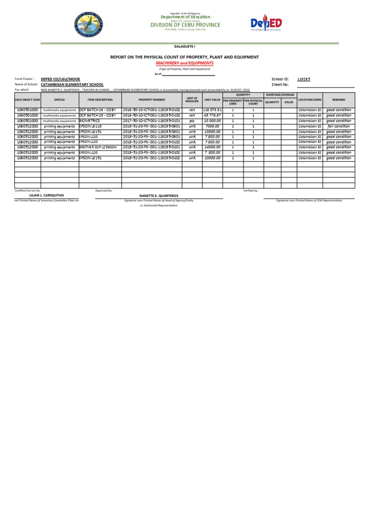 Report on the Physical Count of Property, Plant and Equipment at ...