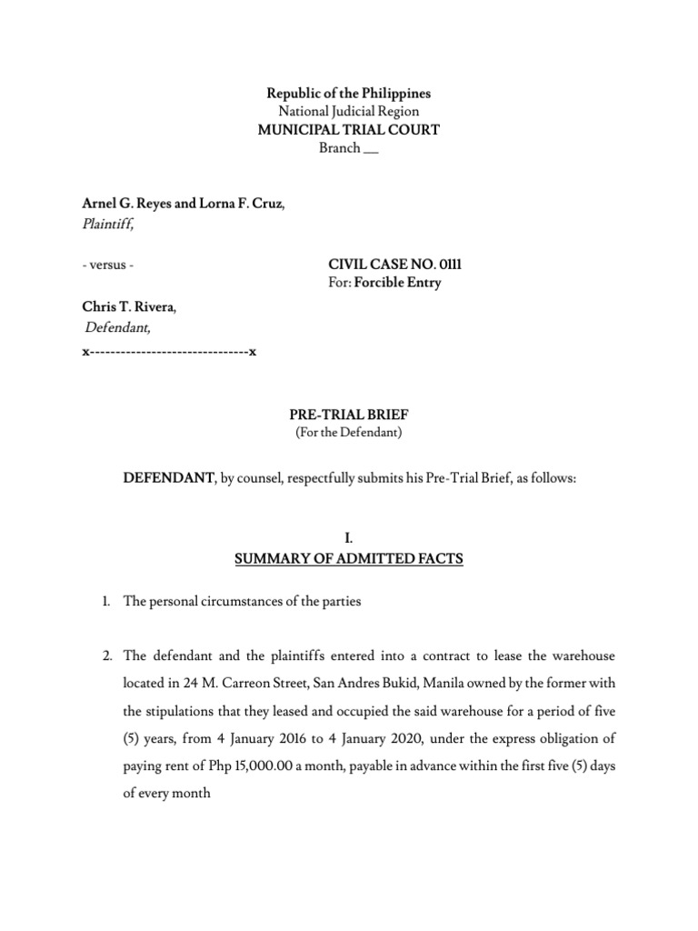 Defendant's Pre-Trial Brief for Forcible Entry | PDF | Lease | Judiciaries