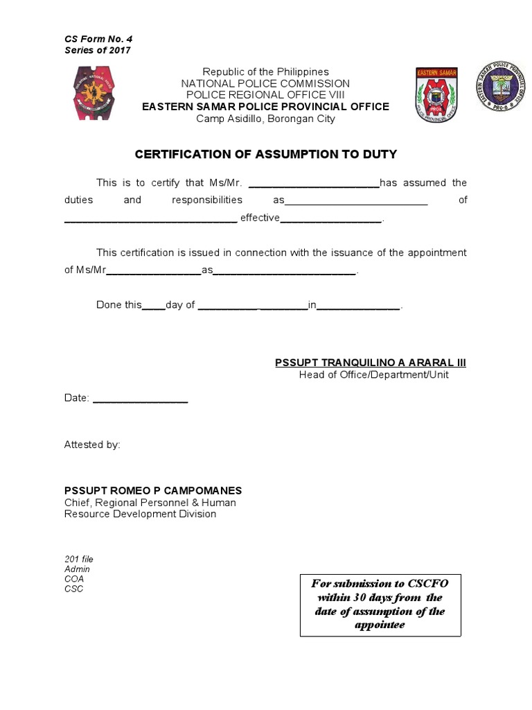 CS Form No 4 CERTIFICATE OF ASSUMPTION TO DUTY (PPO & CPO LEVEL) | PDF