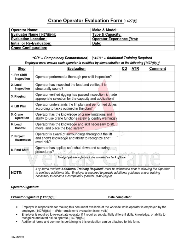 Veritas Crane Operator Evaluation Form Rev.052 | PDF | Crane (Machine) | Elevator