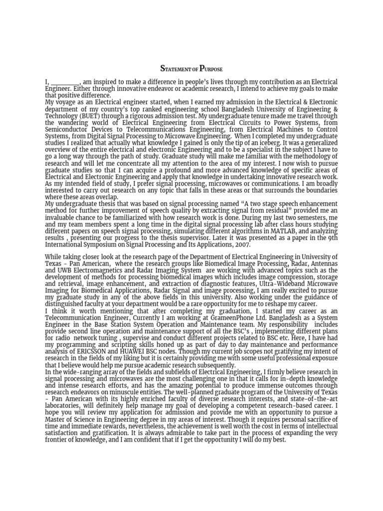 Statement of Purpose - Eee | PDF | Electrical Engineering | Engineering